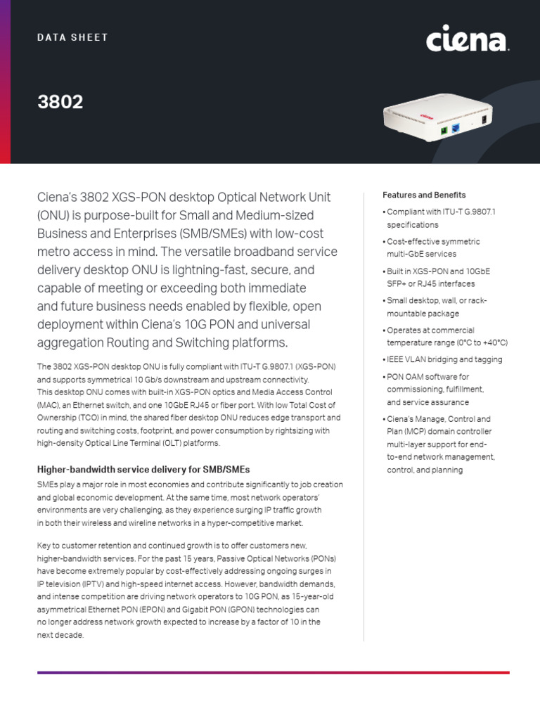 Ciena 3802 ONU Data Sheet | PDF | Telecommunications Equipment ...