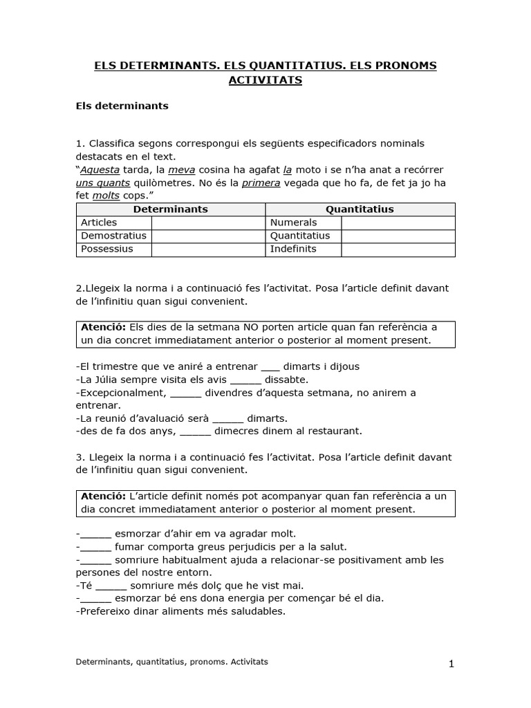 Activitats. Els Determinants I Els Quantitatius I Els Pronoms | PDF