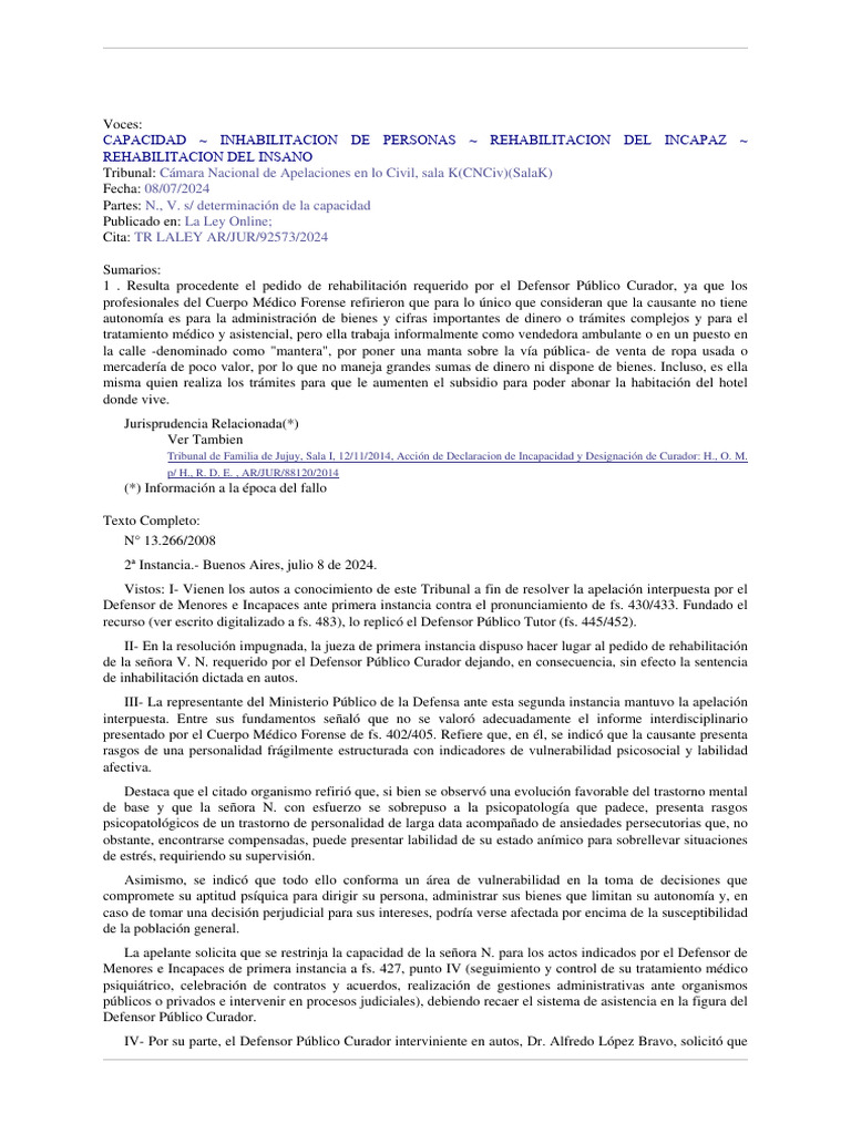 Capacidad, Rehabilitaciónd El Incapaz | PDF | Invalidez | Trastorno mental
