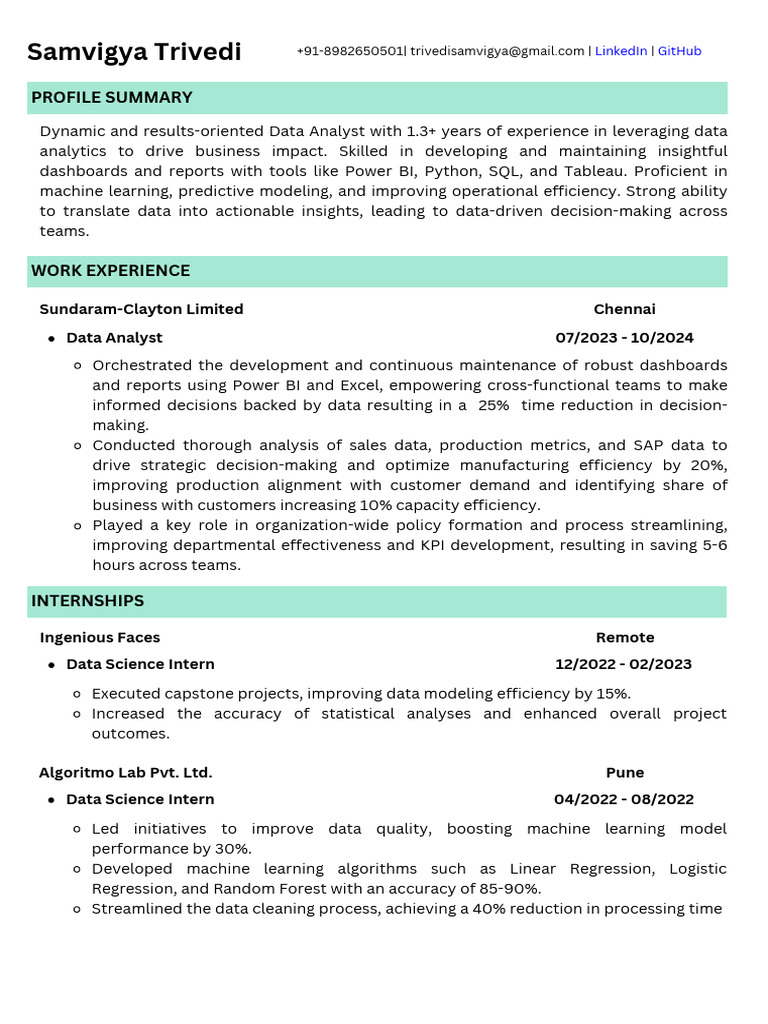 Samvigya Trivedi CV V2 | PDF | Analytics | Data Analysis