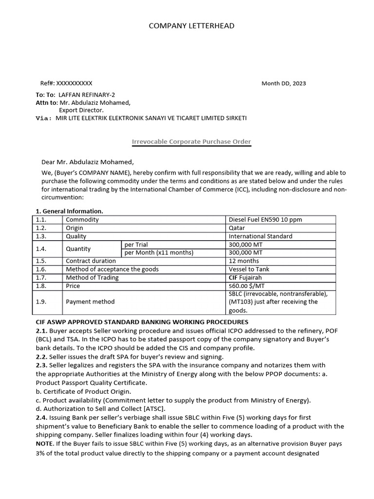Company Letterhead: Irrevocable Corporate Purchase Order | PDF | Letter ...