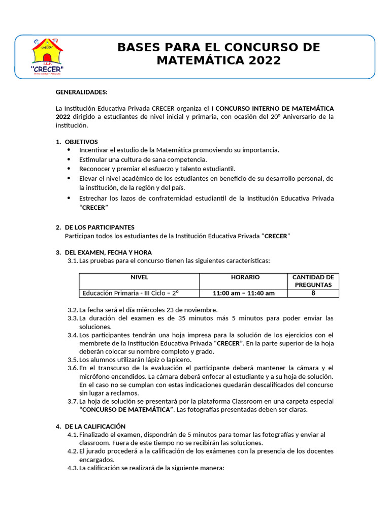 BASES DEL CONCURSO DE MATEMÁTICA 2do Grado | PDF