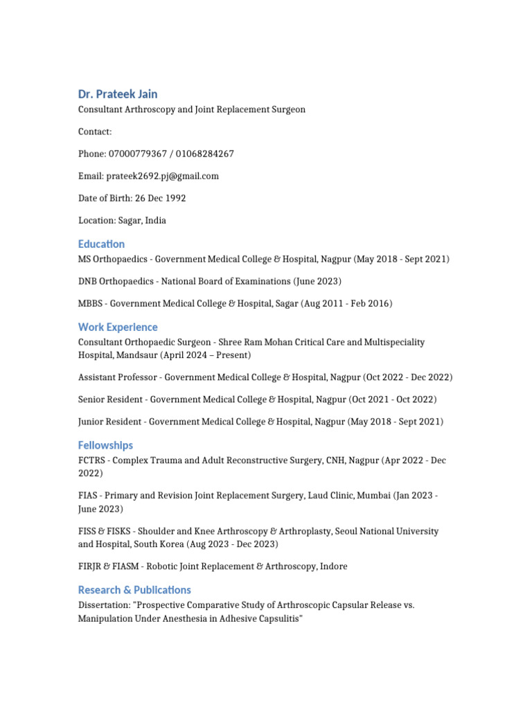 Prateek Jain CV Ortho | PDF