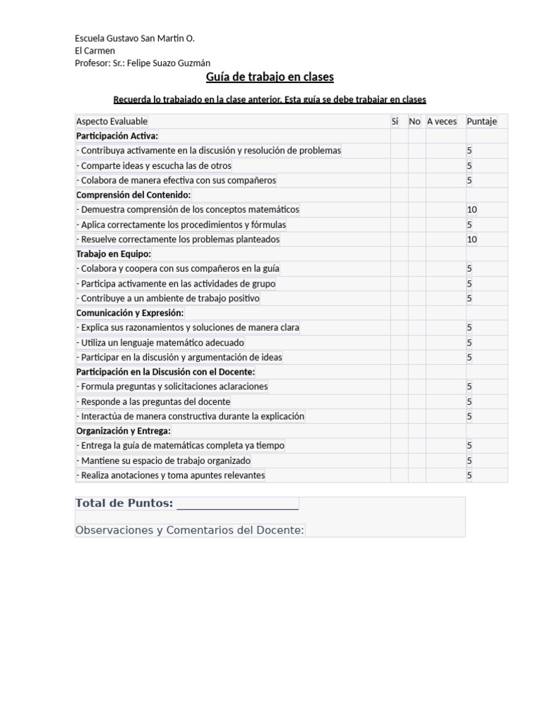 Pauta de Evaluacion Trabajo en Clases | PDF