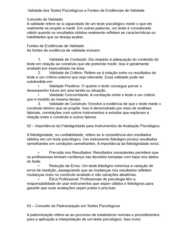 Validade Dos Testes Psicológicos e Fontes de Evidências de Validade ...