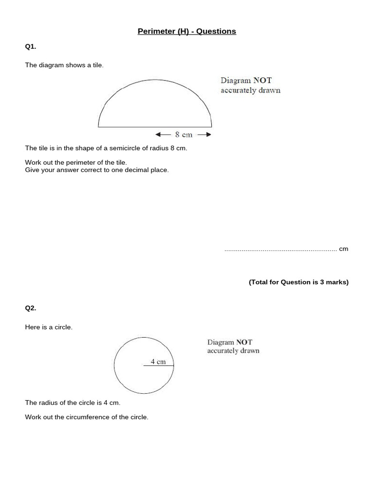 3.6 Perimeter H Qs | PDF | Area | Circle