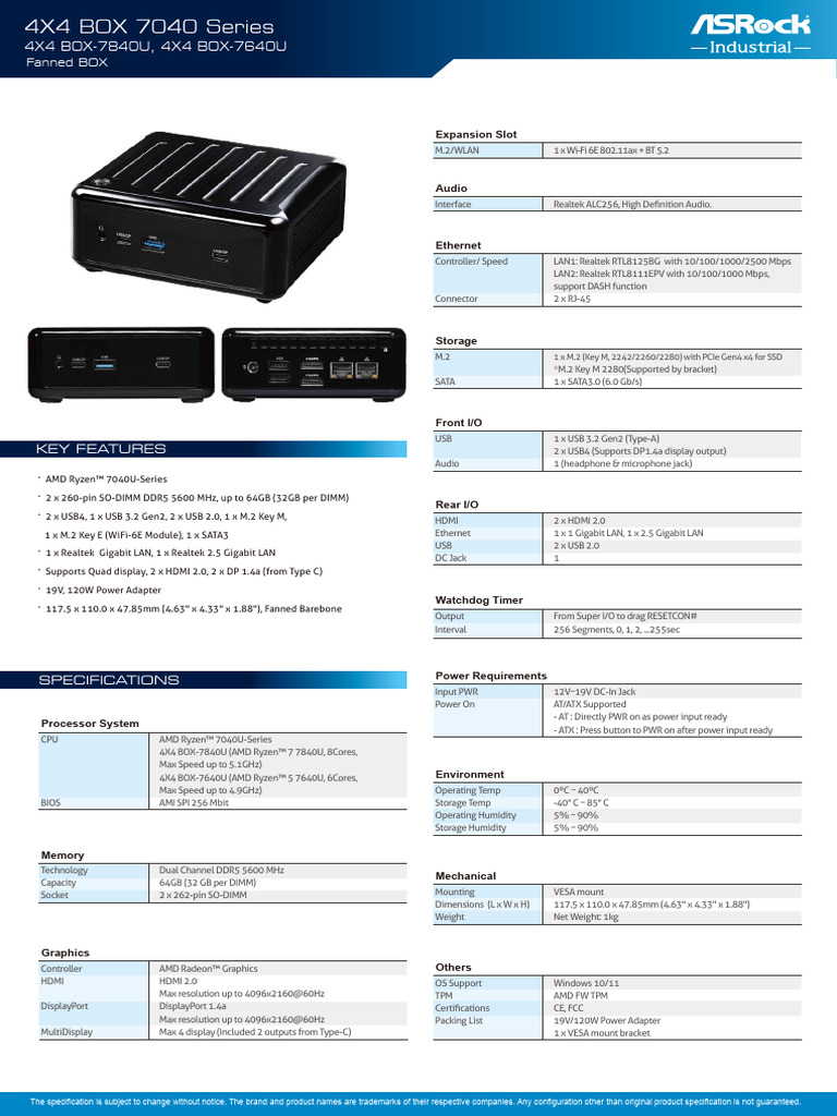 4X4 BOX-7840U, 4X4 BOX-7640U: Expansion Slot | PDF | Hdmi | Usb