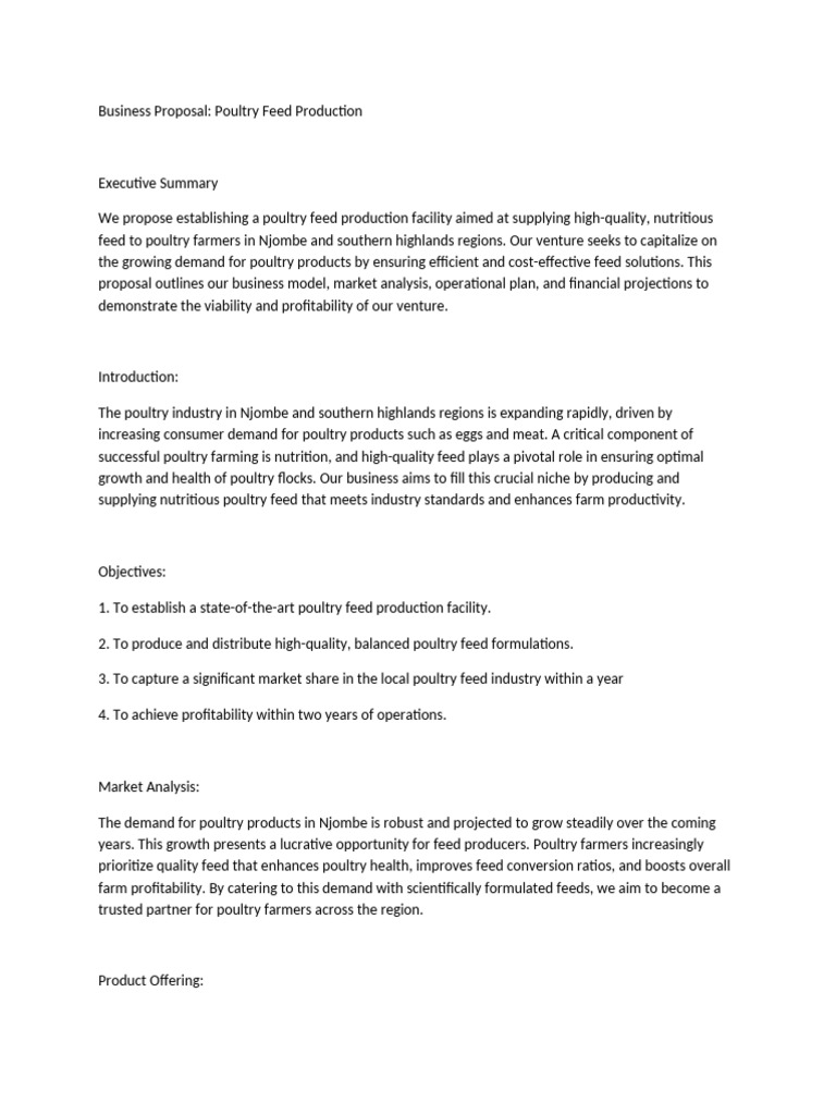 Poultry Feed Production Business Proposal | PDF | Supply Chain | Poultry