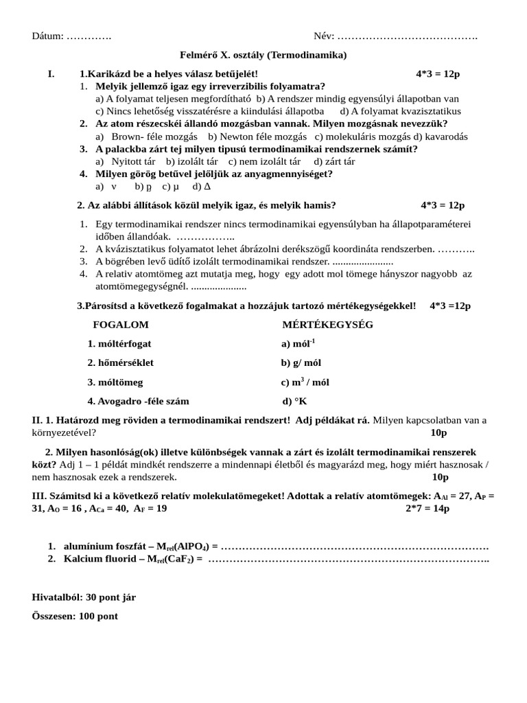 X. Oszt B, C Termodinamika | PDF