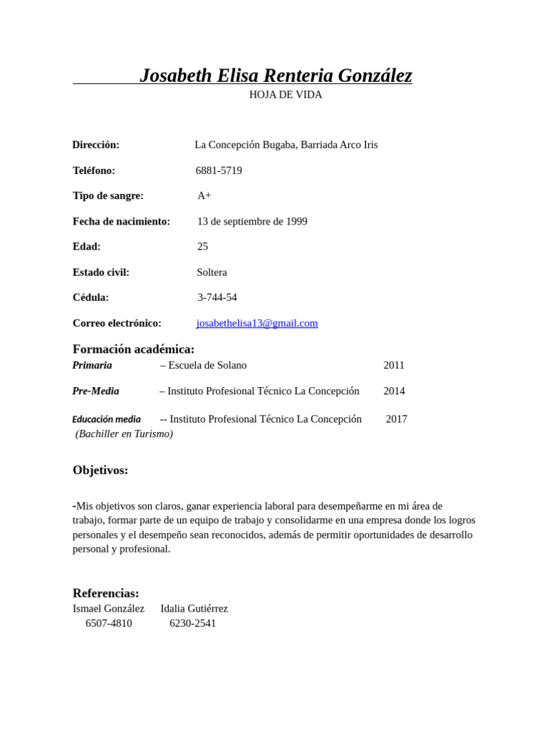 Hoja de Vida de Josabeth Renteria | PDF