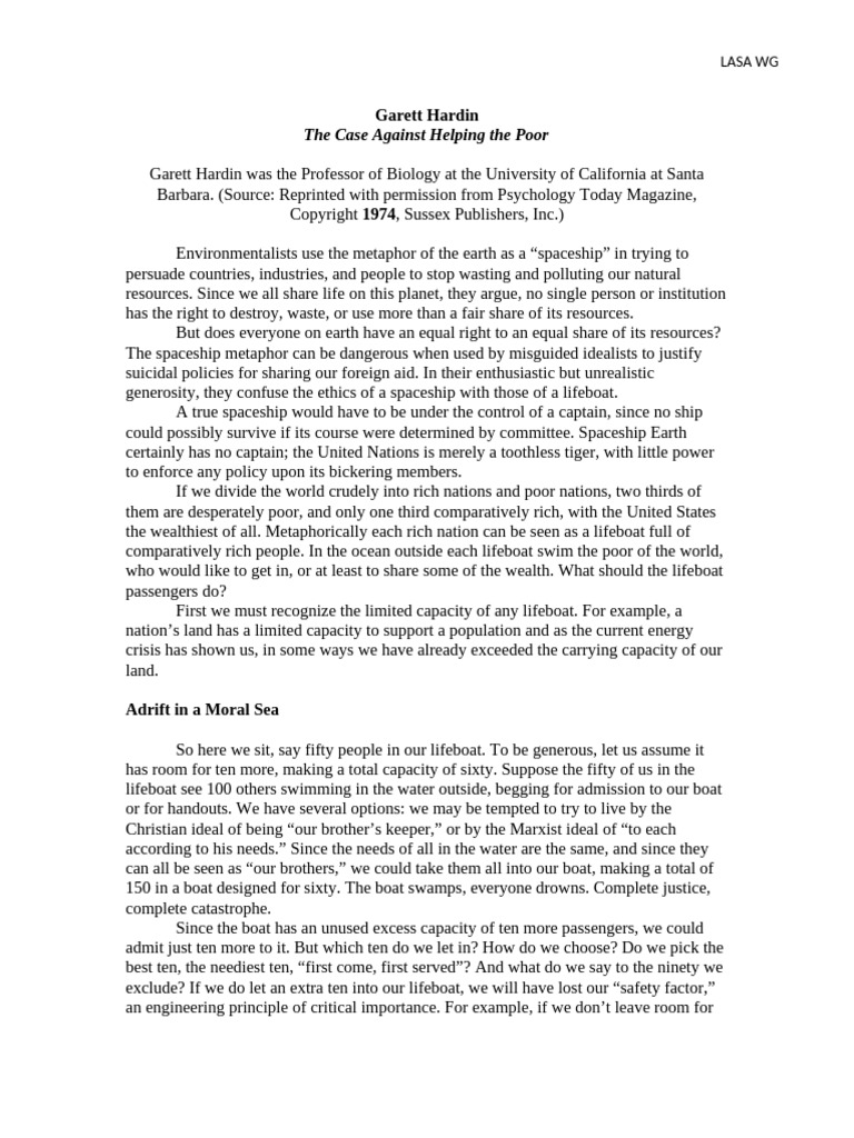 Hardin and Singer Essays 2024 | PDF | Poverty | Poverty & Homelessness
