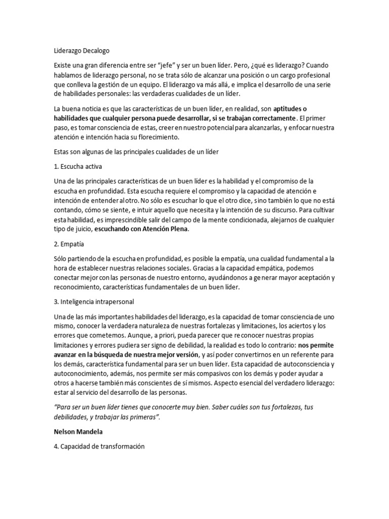 Liderazgo Decalogo | PDF | Liderazgo | Mente