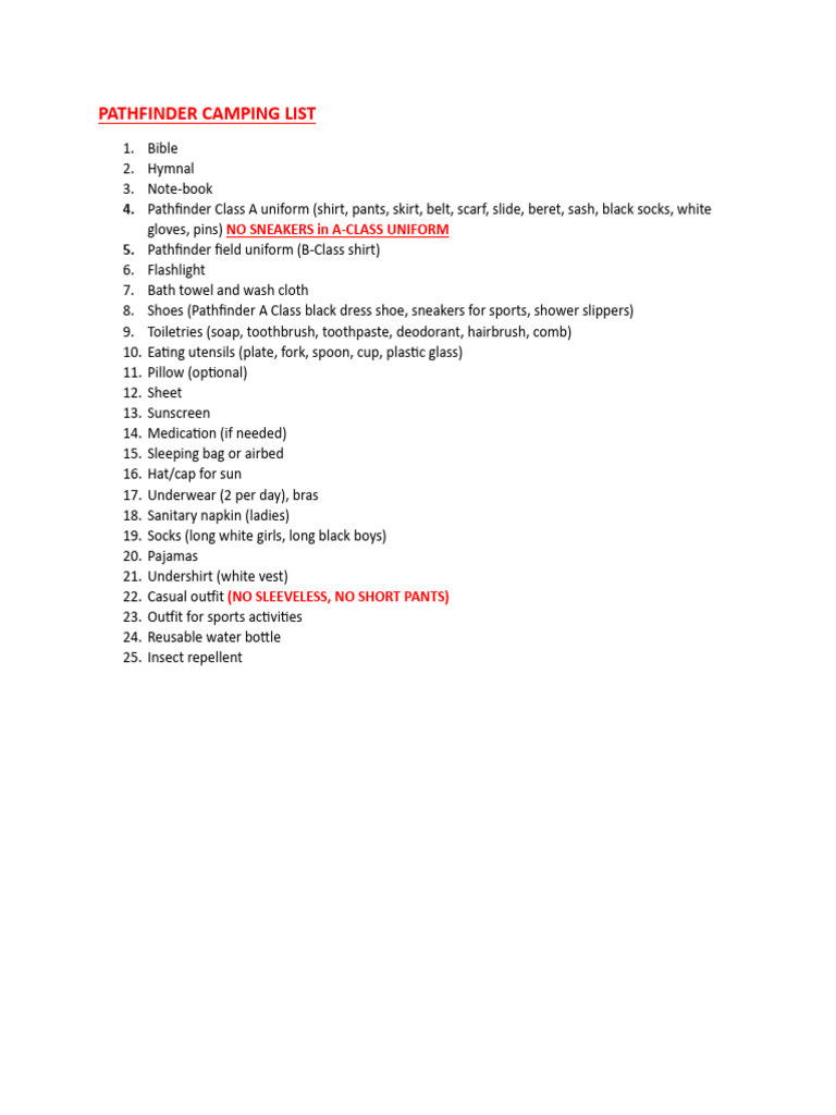 Pathfinder Camping List | PDF | Social Science | Wellness