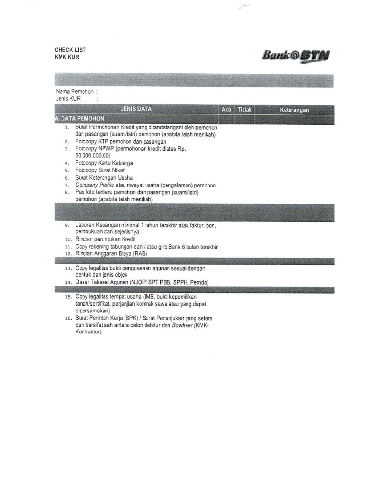Kelengkapan Berkas Pengajuan KREDIT Kur BANK BTN | PDF