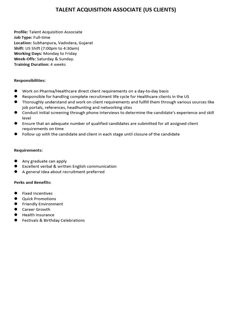 Talent Acquisition Associate - US Clients | PDF