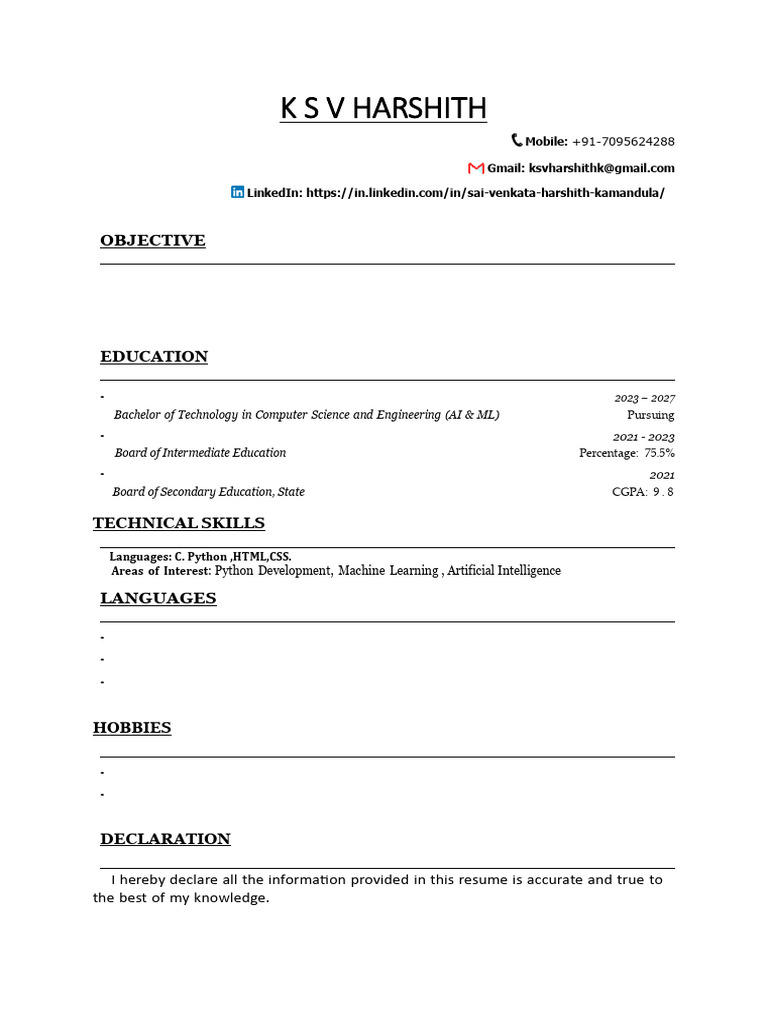K S V Harshith Resume | PDF | Career & Growth | Computers