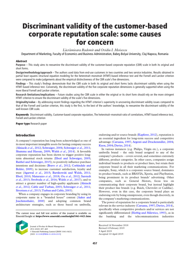 Discriminant Validity of The Customer-Based Corporate Reputation Scale ...