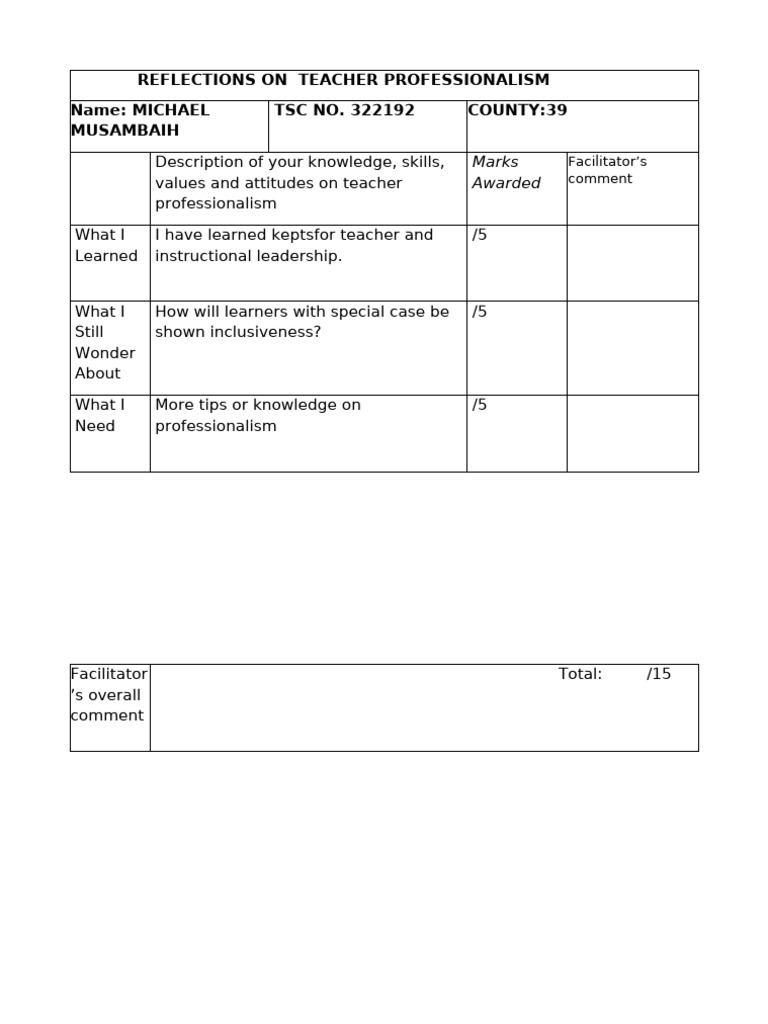 Reflections On Teacher Professionalsim | PDF | Career & Growth | Self ...