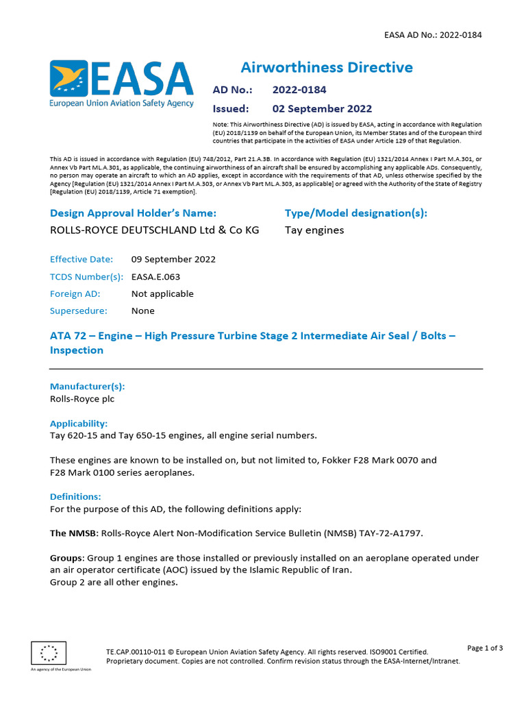 Easa Ad 2022-0184 1 | PDF | Aviation