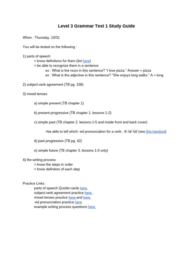 Level 3 Grammar Test Study Guide | PDF