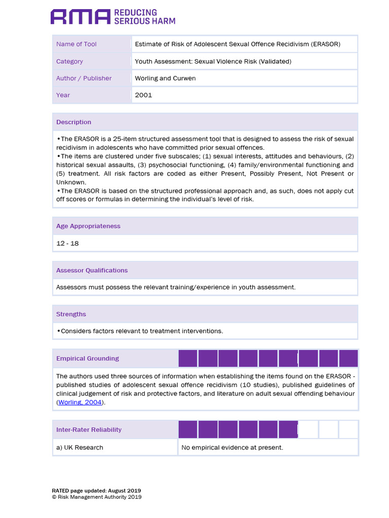 Estimate of Risk of Adolescent Sexual Offence Recidivism ERASOR | PDF ...