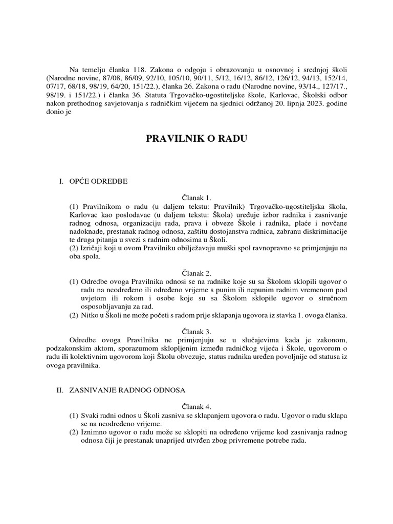 Pravilnik - o - Radu Trgovačko Ugostiteljske Škole Karlovac | PDF
