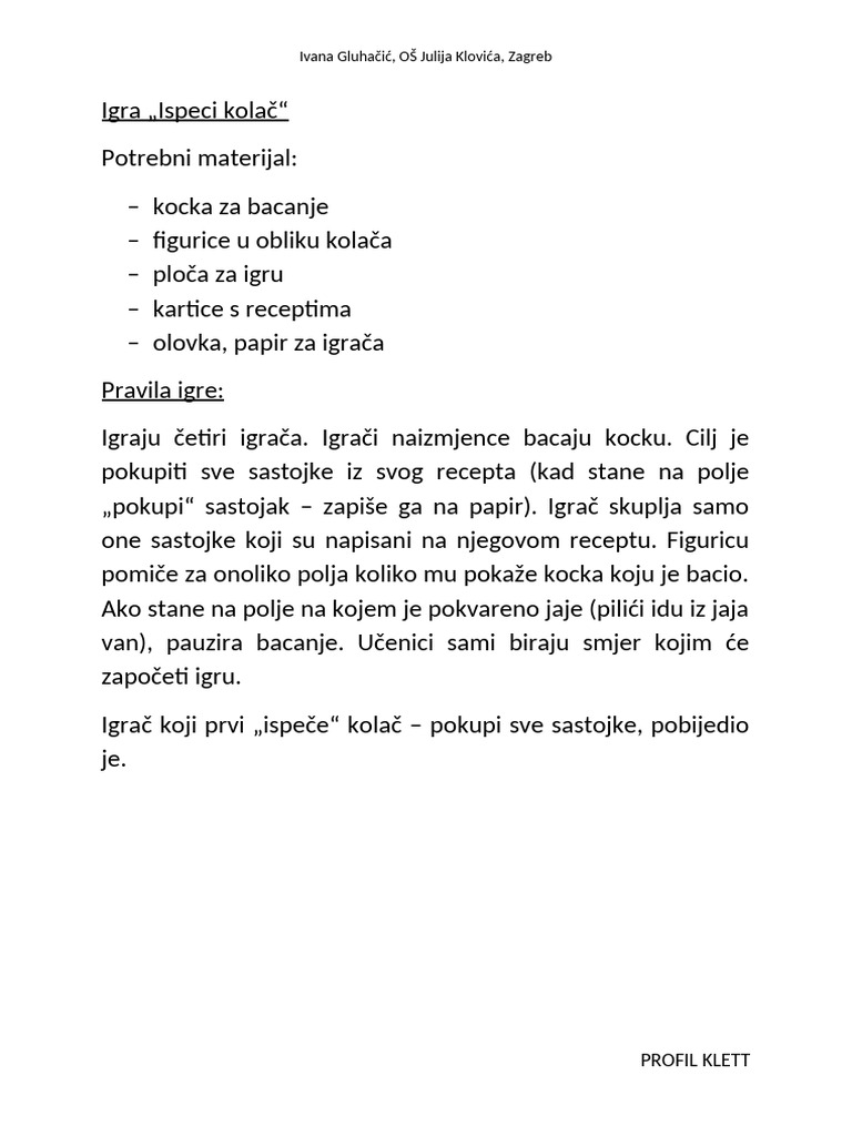 Igra-Ispeci Kolac - 1. Raz Mat | PDF