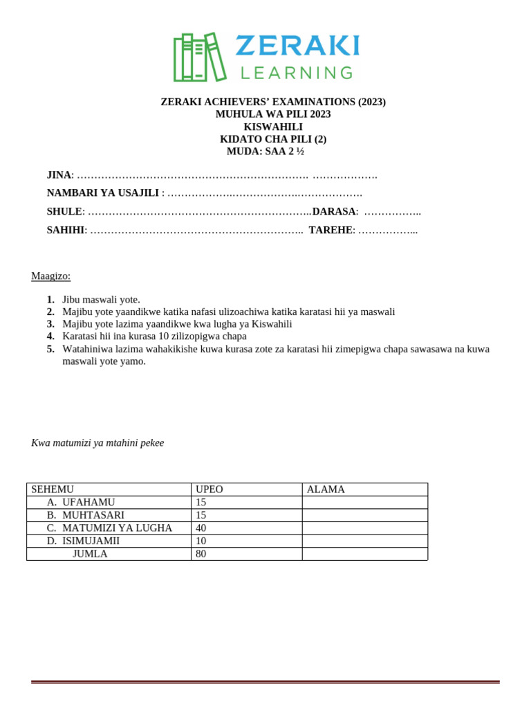 Kiswahili Form 2 - Question Paper | PDF