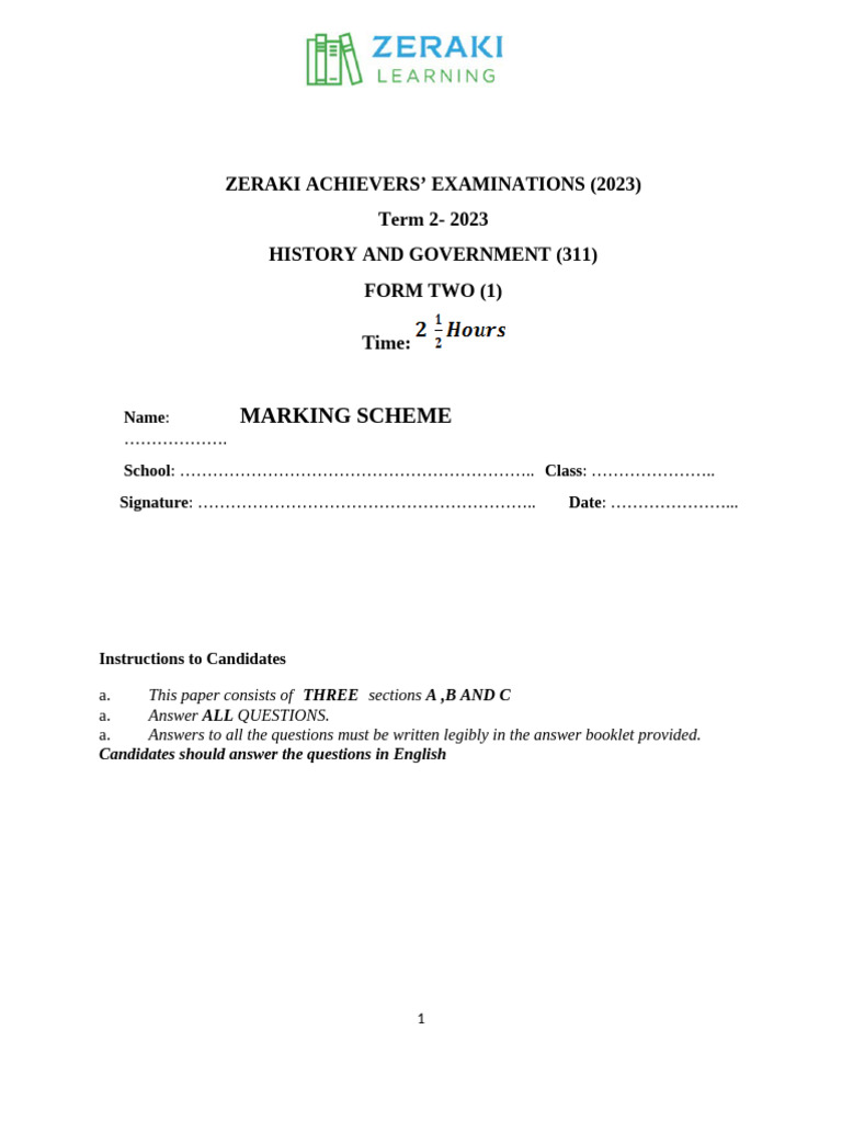 History Form 2 - Marking Scheme | PDF | Slavery | Atlantic Slave Trade