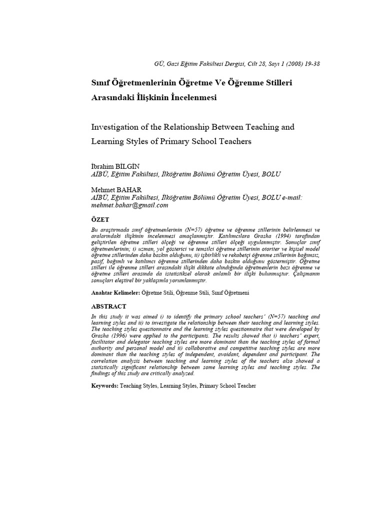 S - N - F - Retmenlerinin - Retme Ve - Renme Stilleri Aras - Ndaki - Li ...