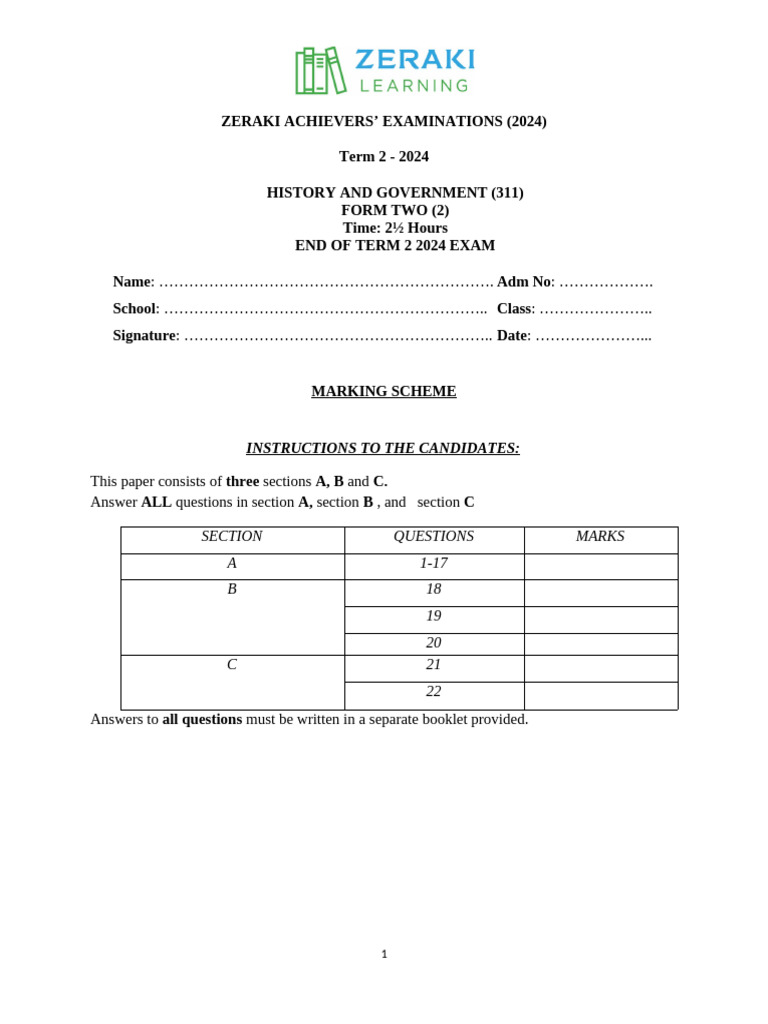 History - Marking Scheme | PDF | East Africa | Kenya