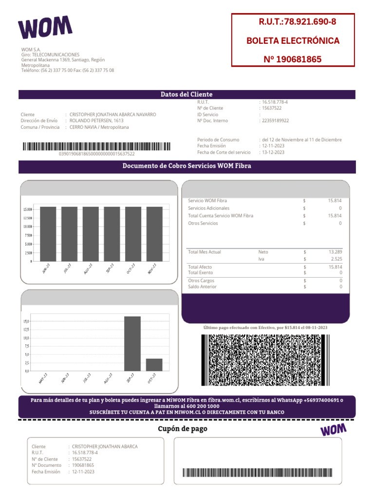 Boleta Electrónica WOM Fibra 12/11-11/12 | PDF | Santiago | Bancos