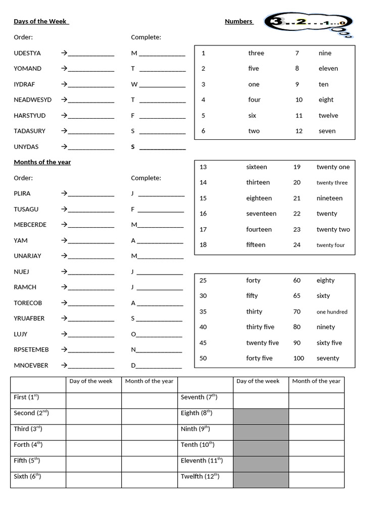 Days Months Ordinal Number Worksheet Grammar Drills 11790vvvvvvv | PDF
