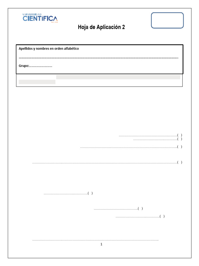 Hoja de Aplicación 1 Sem 1 - Sesion 2 | PDF | Puntuación