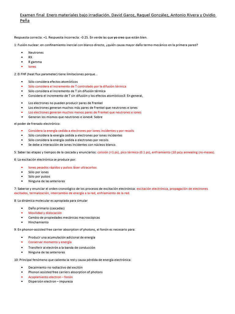 Examenes Final Materiales Bajo Irradiación 2023 UPM | PDF | Electrón ...