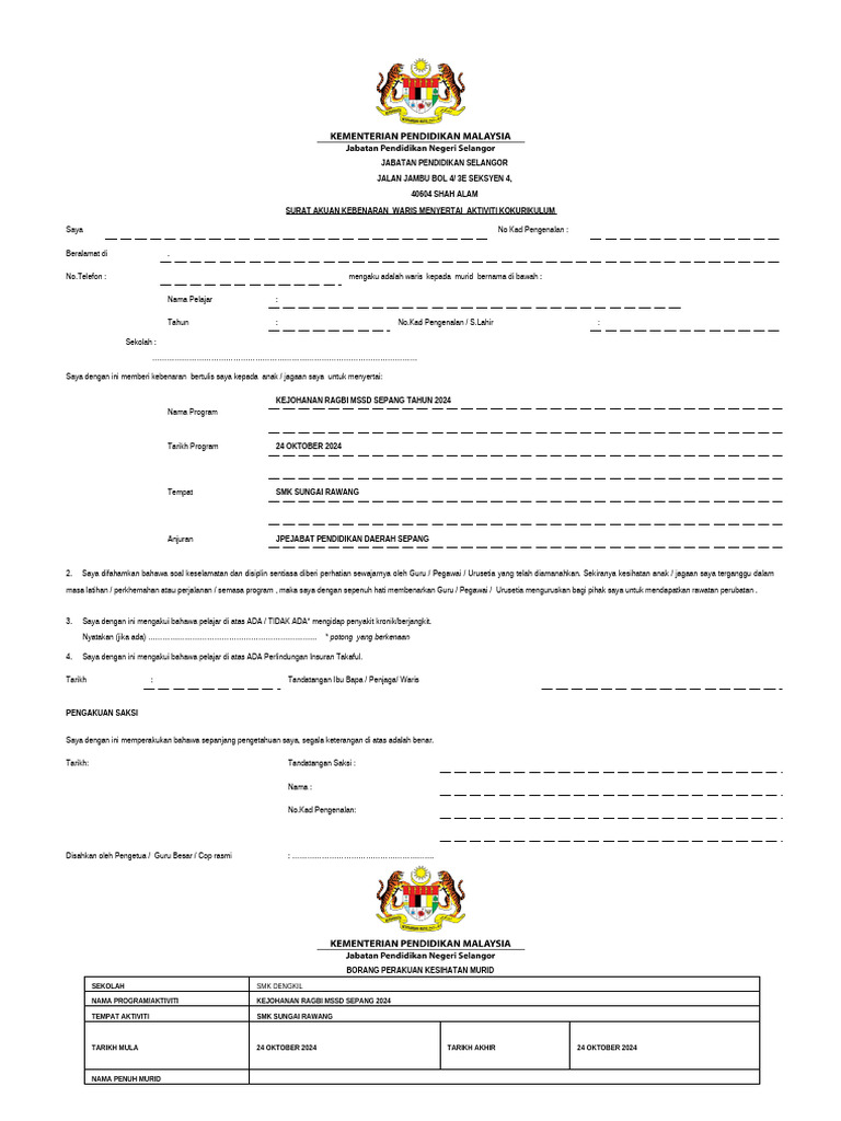 Borang Kebenaran Ibu Bapa - SIAP ISI | PDF