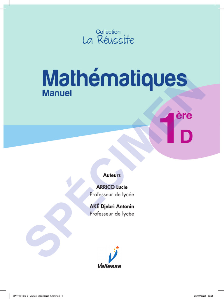 Maths 1ère D Manuel 25072022 Pao Exe Ok Specimen | PDF