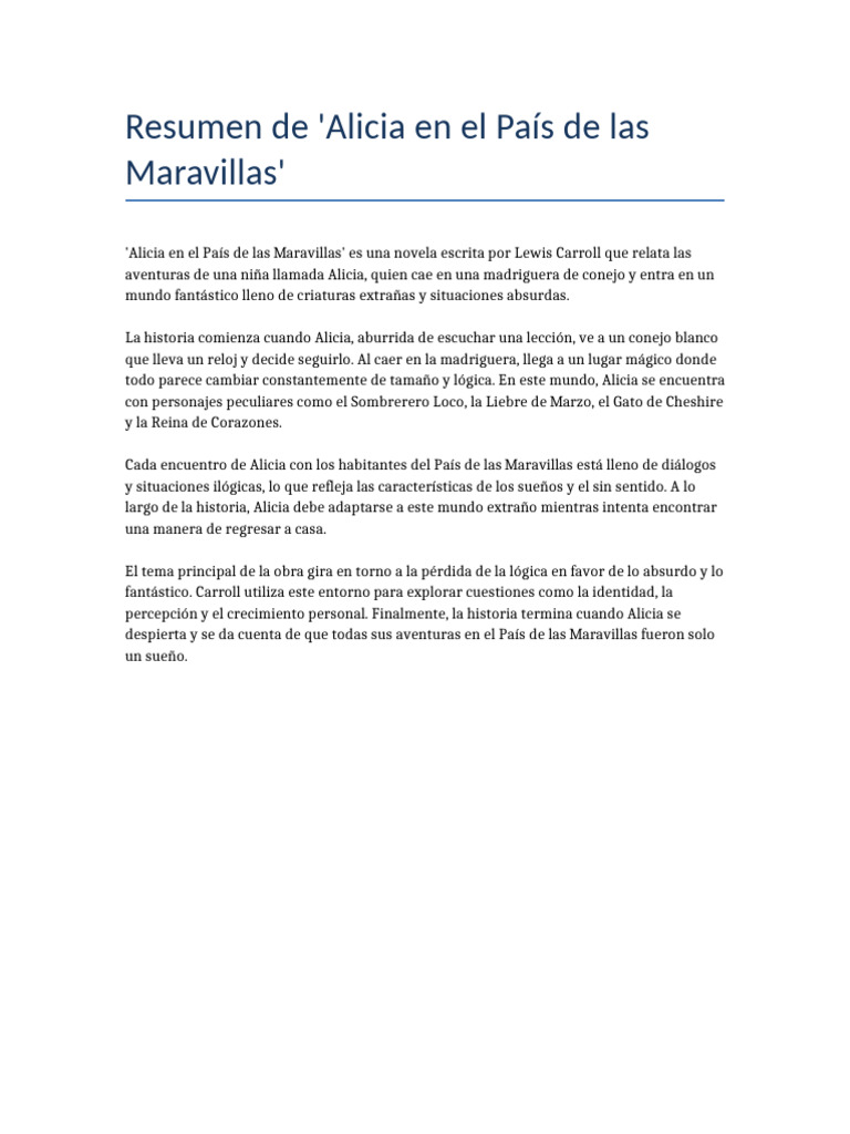 Resumen de Alicia en el País de las Maravillas | PDF