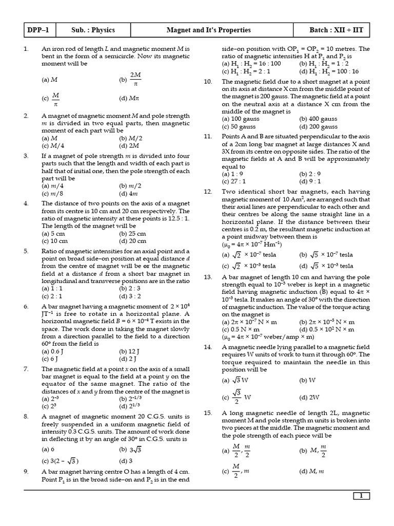 Class-12th (L-5) Magnetism and Matter DPP | PDF | Magnetic Field | Magnetism