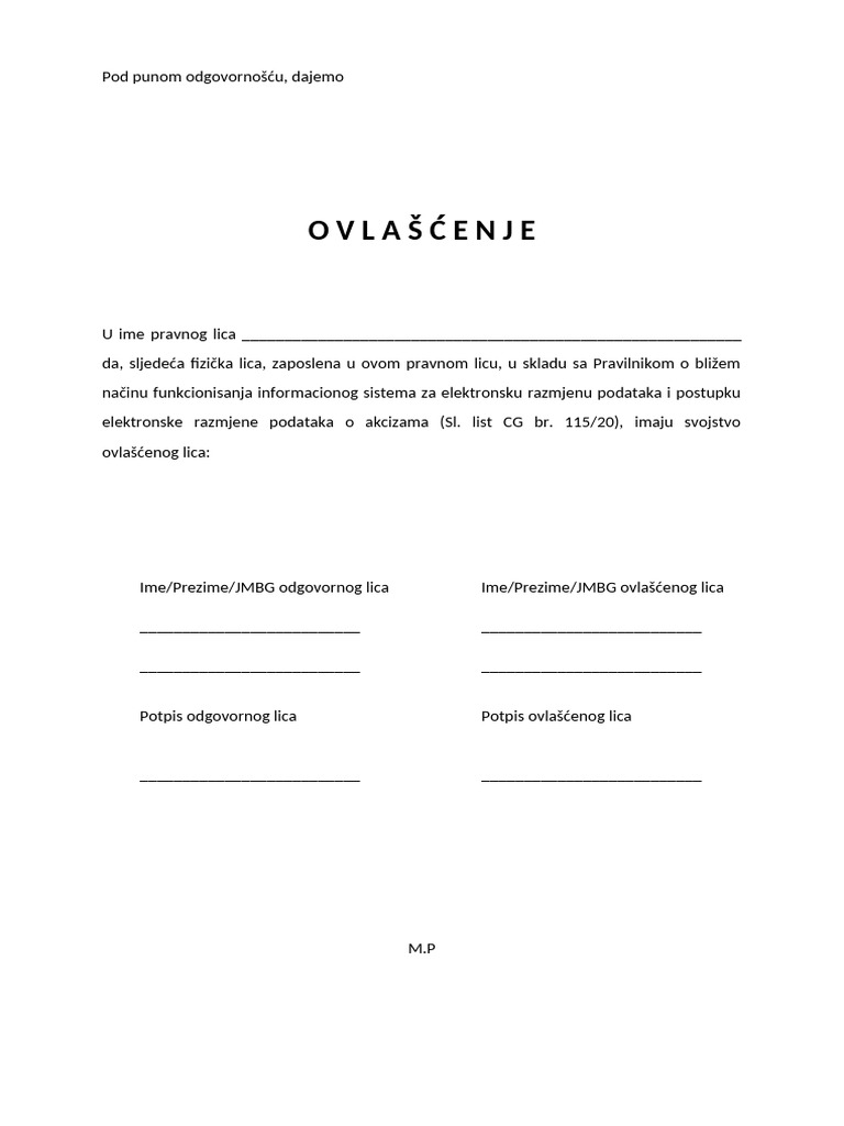 Izjava Za Ovlasceno Lice Zaposleno U Privrednom Subjektu | PDF