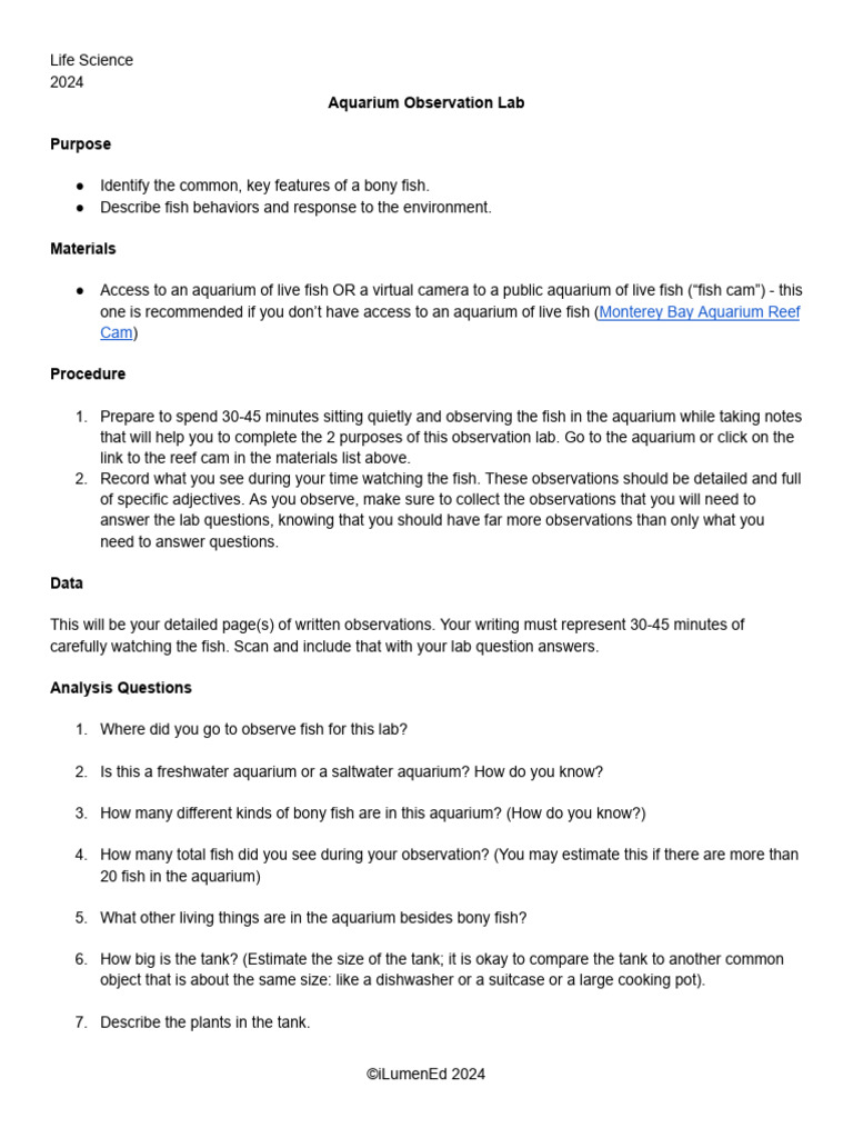 Aquarium Observation Lab Guide | PDF | Fish | Aquarium