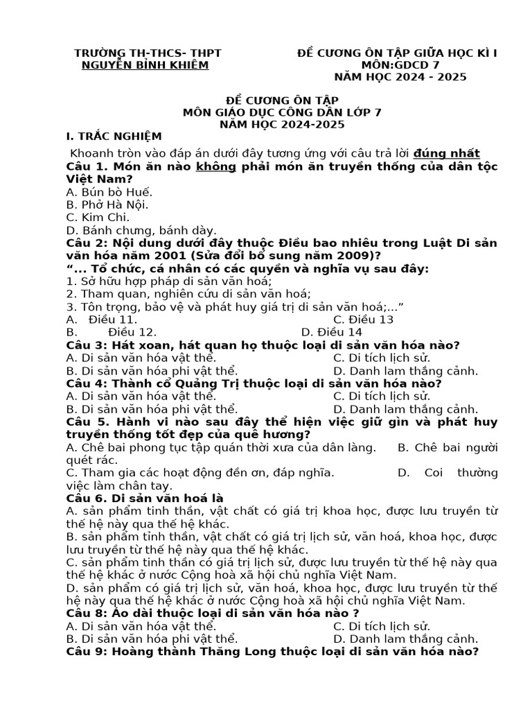 Đề Cương Gdcd 7 Giữa Hk 1 | PDF