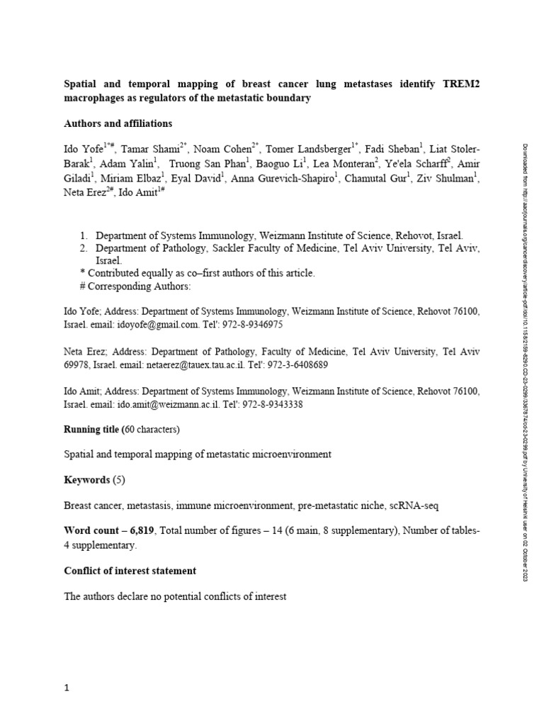 Spatial and Temporal Mapping of Breast Cancer Lung Metastases Identify TREM2 | PDF | Metastasis ...