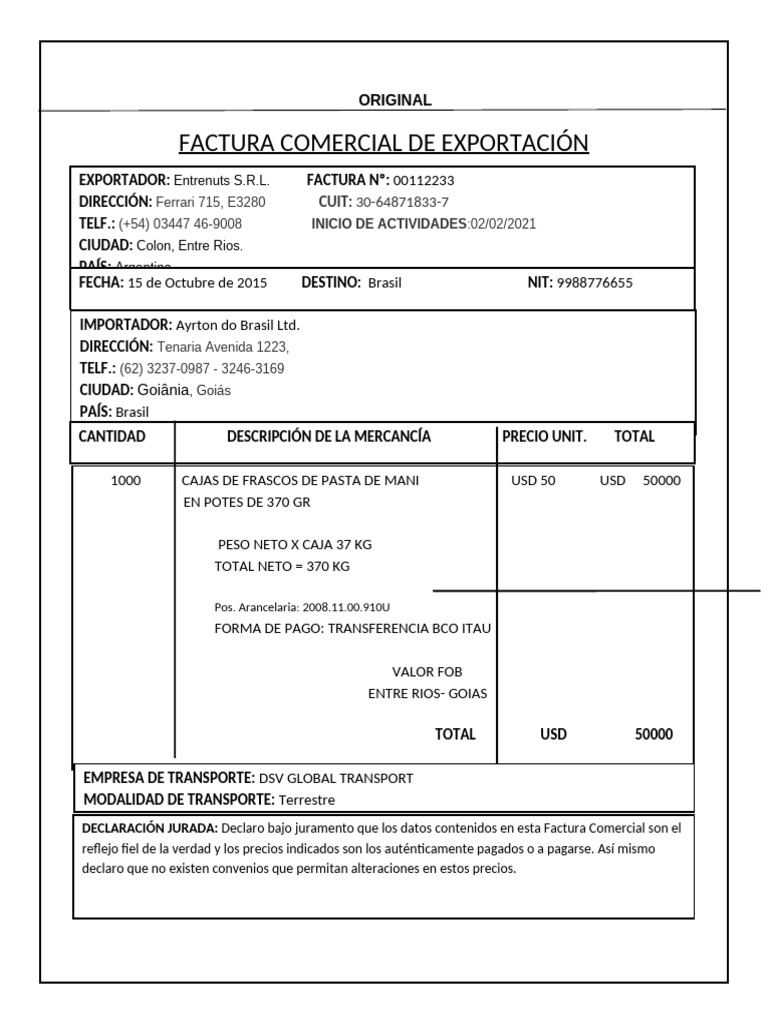 Factura Comercial de Exportacion | PDF | Finanzas y dinero