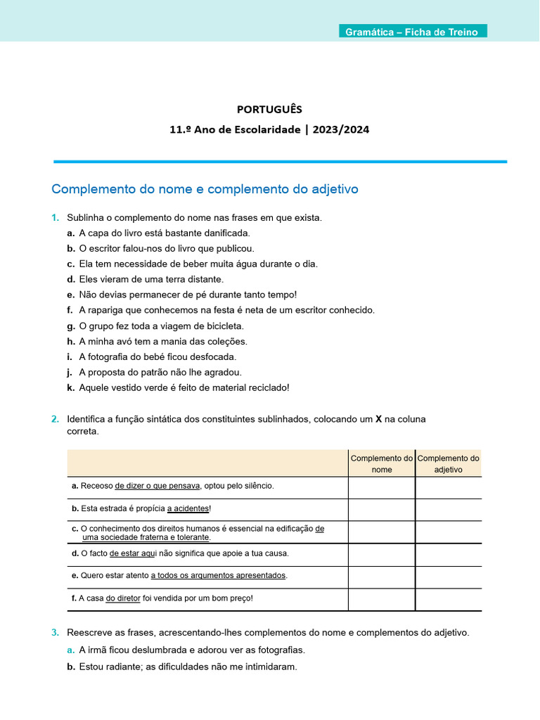 Complementos Nominais e Adjetivais: Exercícios Práticos | PDF