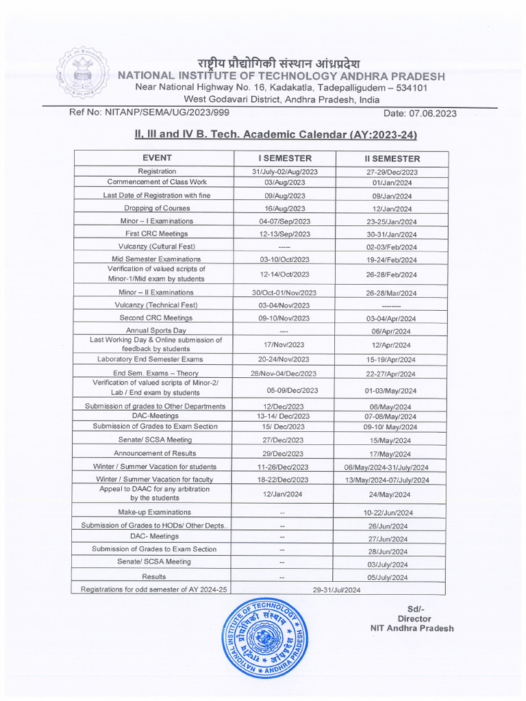 II, III & IV B.Tech Academic Calendar (AY 2023-2024) | PDF