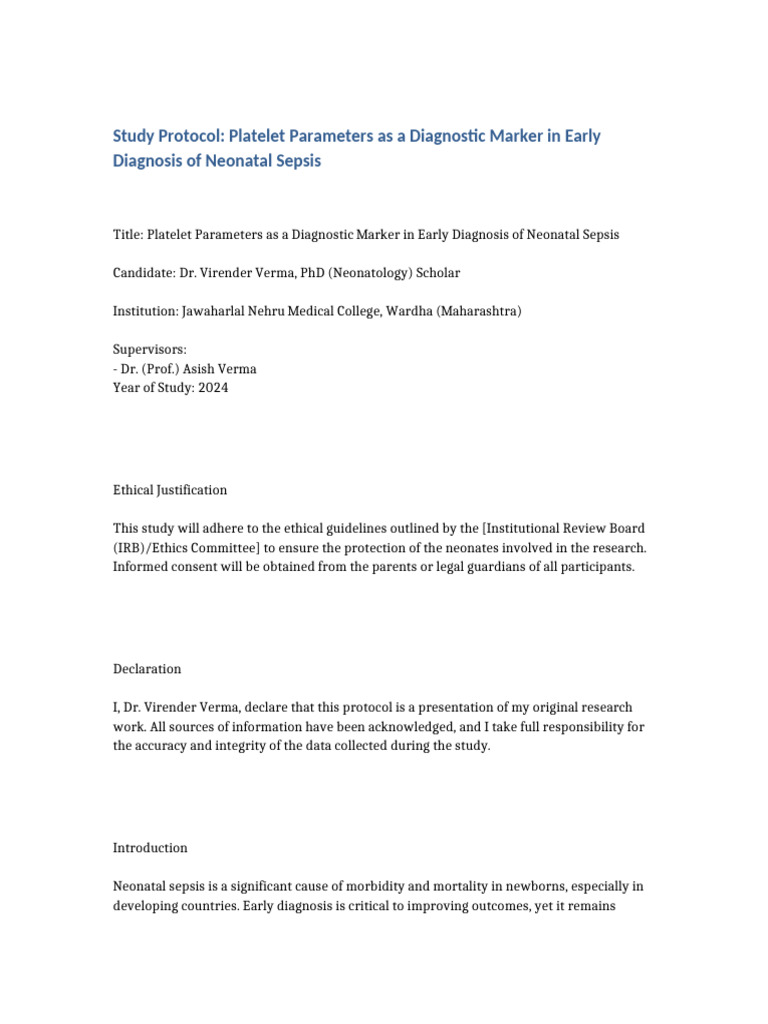 Study Protocol Neonatal Sepsis | PDF | Sepsis | Medical Diagnosis