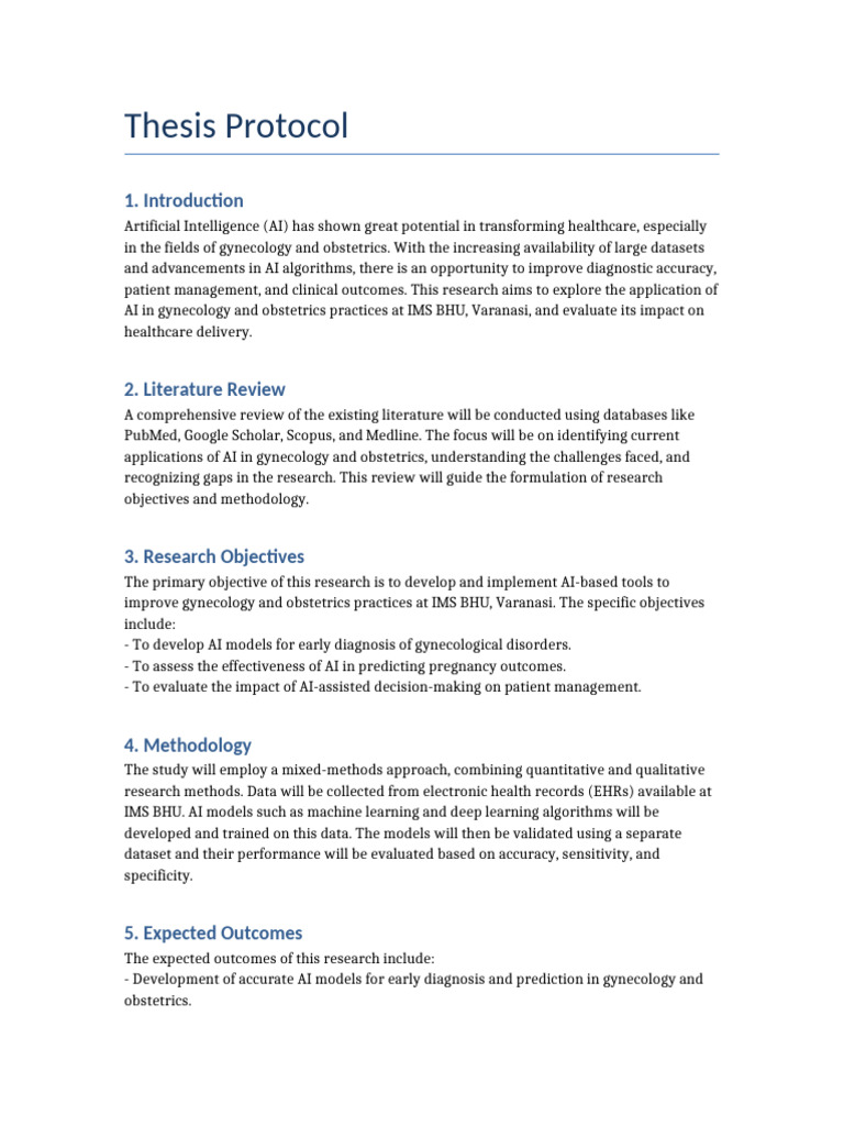 Thesis Protocol AI Gynecology Obstetrics IMS BHU | PDF | Artificial ...