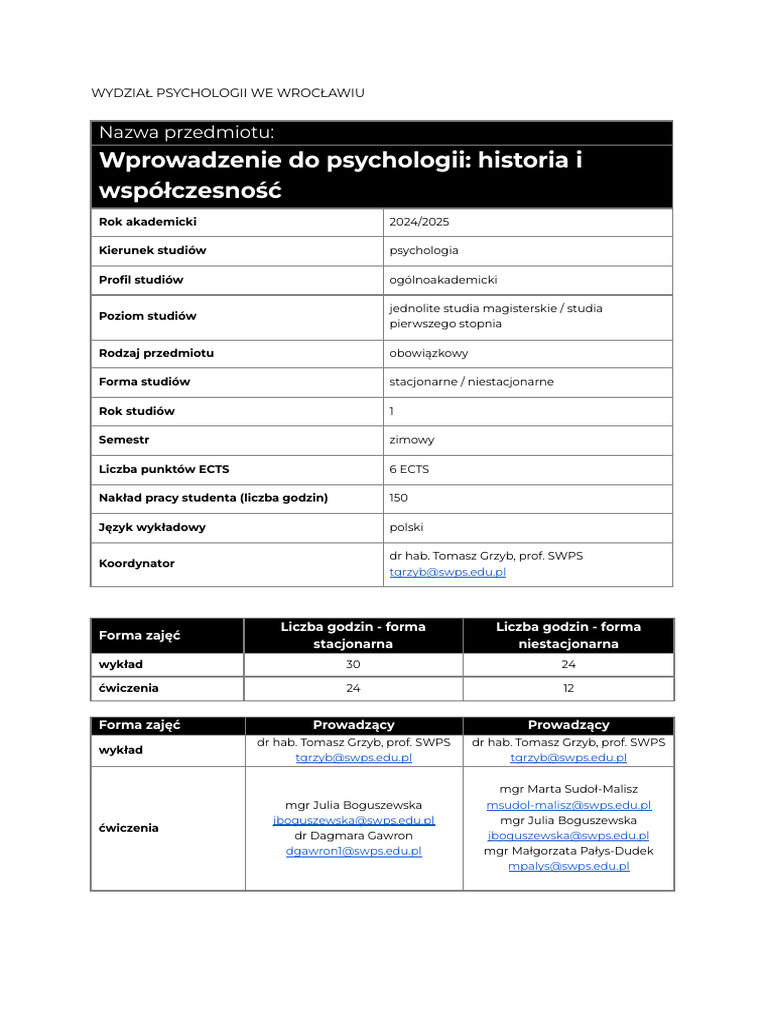 Wprowadzenie+Do+Psychologii+Historia+i+WspoÌ Å CzesnosÌ CÌ +2024 25 | PDF