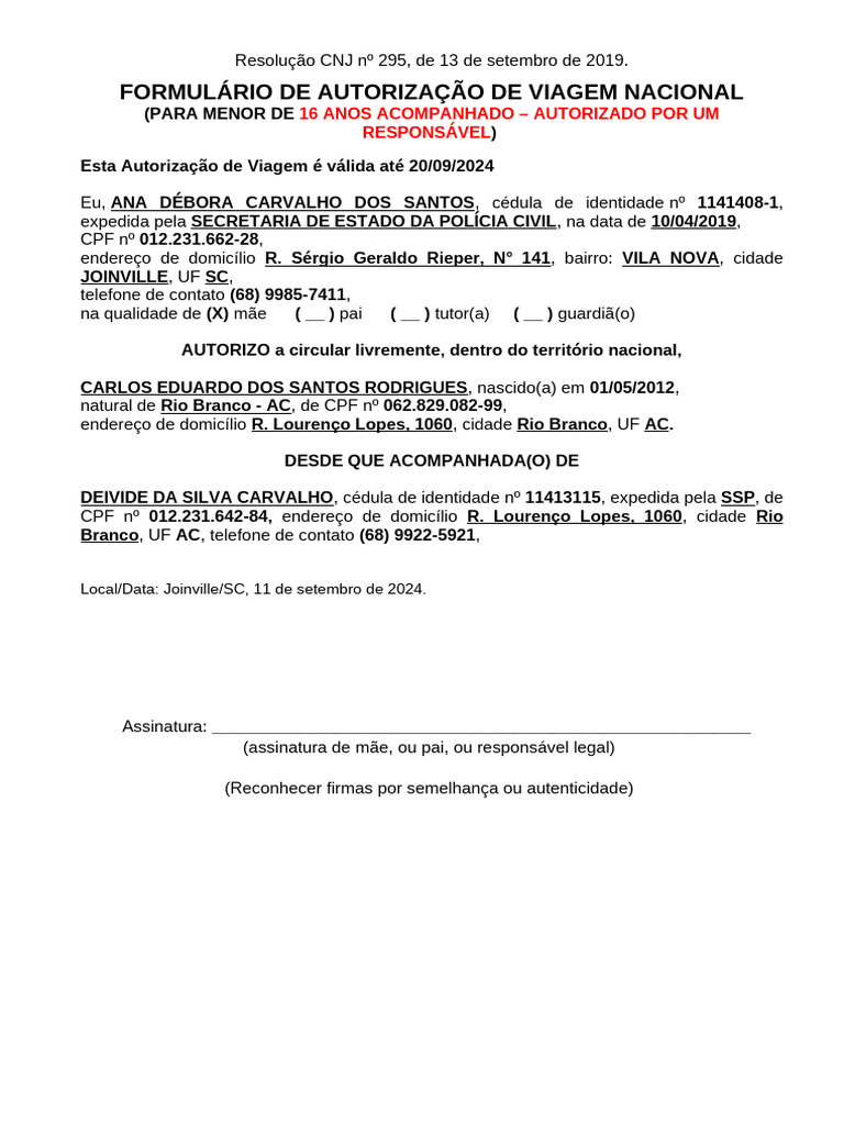 Formulário Padrão de Autorização de Viagem de Menor Acompanhado ...